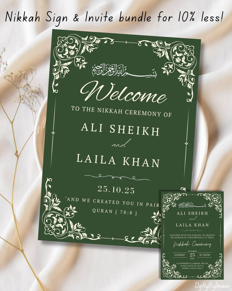 Editable Islamic Nikkah Welcome Sign Canva Template | Green and Gold ...