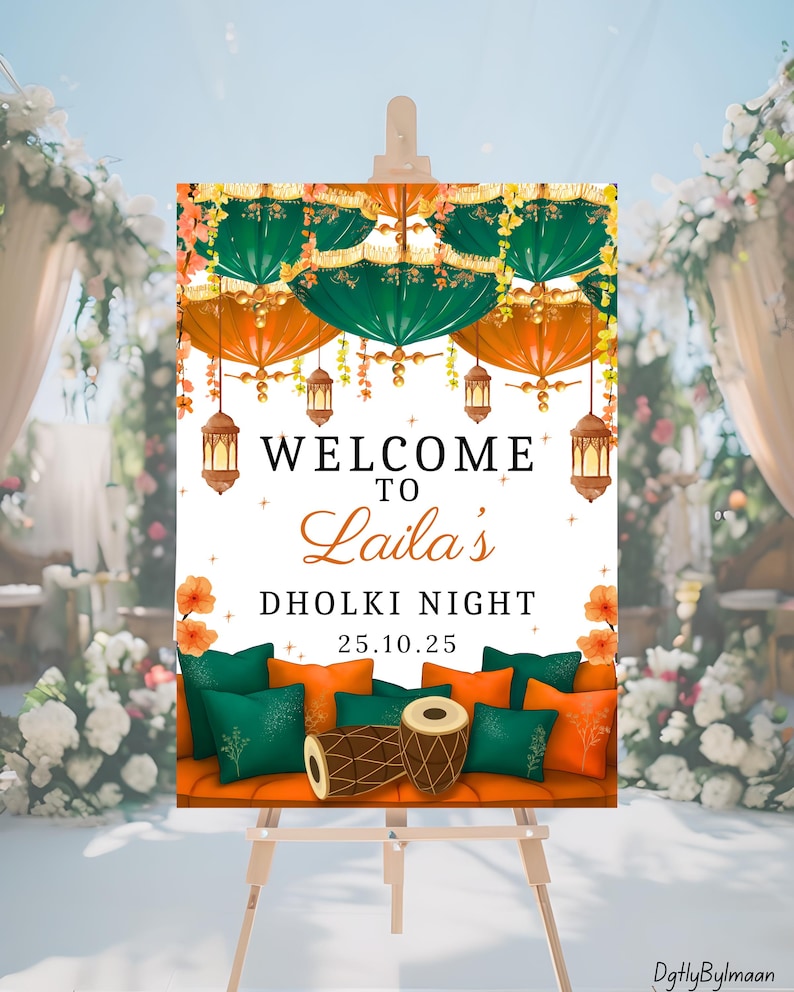 Editable Dholki Welcome Sign Canva Template | Mehndi Sign, Sangeet ...