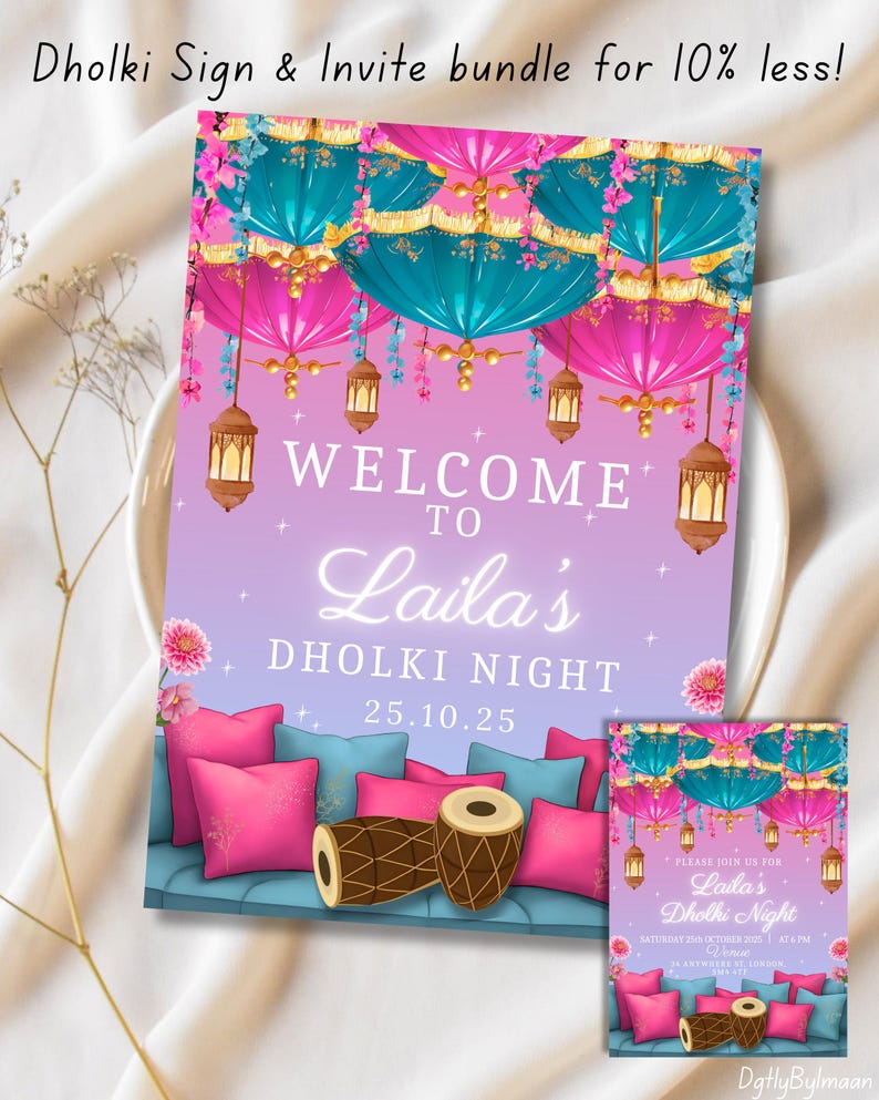 Editable Dholki Welcome Sign Canva Template Blue Pink| Dholki Sign ...