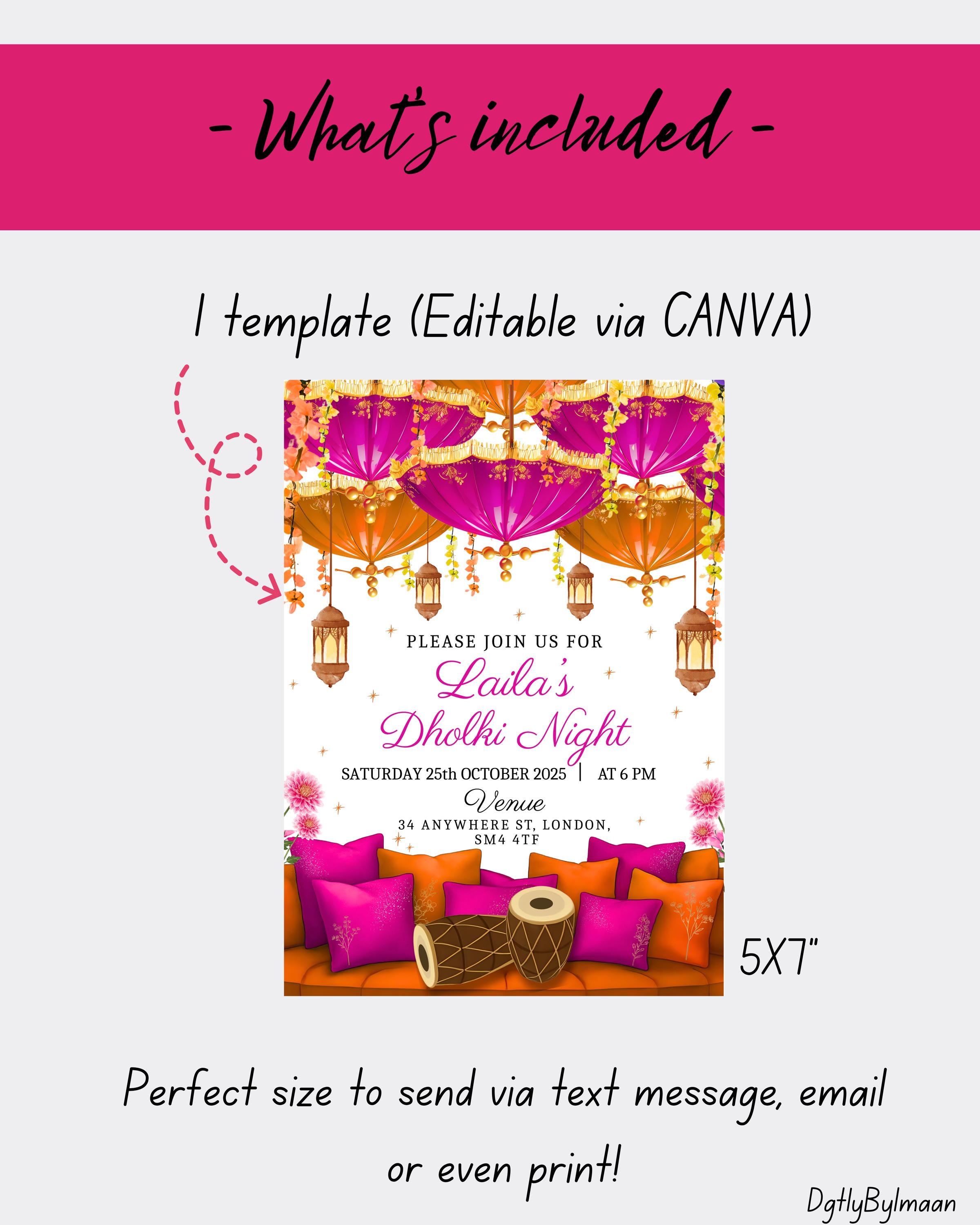 Editable Dholki Invitation Canva Template | Mehndi Invite Decor| Dholki ...