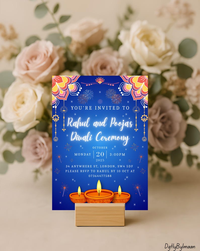 Editable Hindu Diwali Invitation Canva Template | Blue and Orange ...