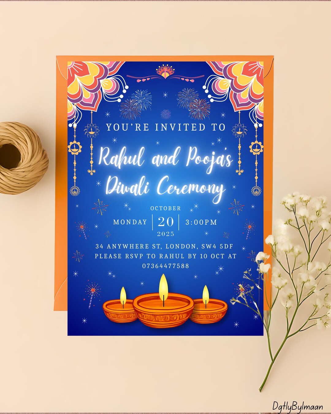 Editable Hindu Diwali Invitation Canva Template | Blue and Orange ...
