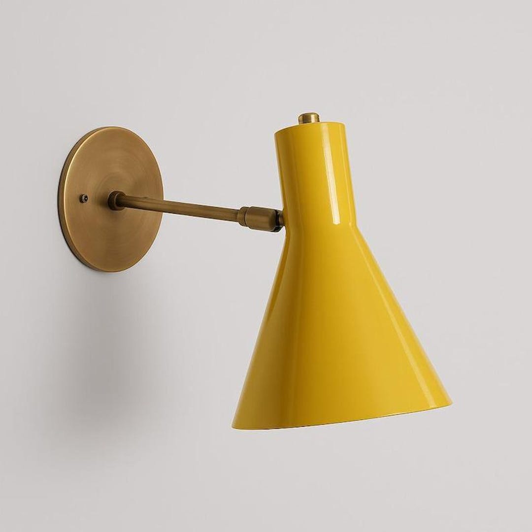 Mid-century Modern Wall Light – Yellow Metal Shade Sconce With Brass ...