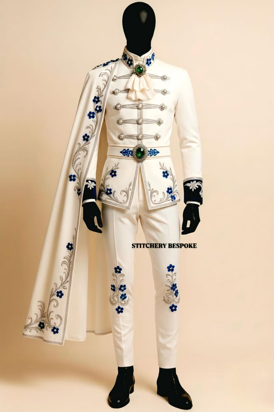 Men’s 3pc White Gothic Cape Coat Royal Prince Wedding Outfit Victorian ...
