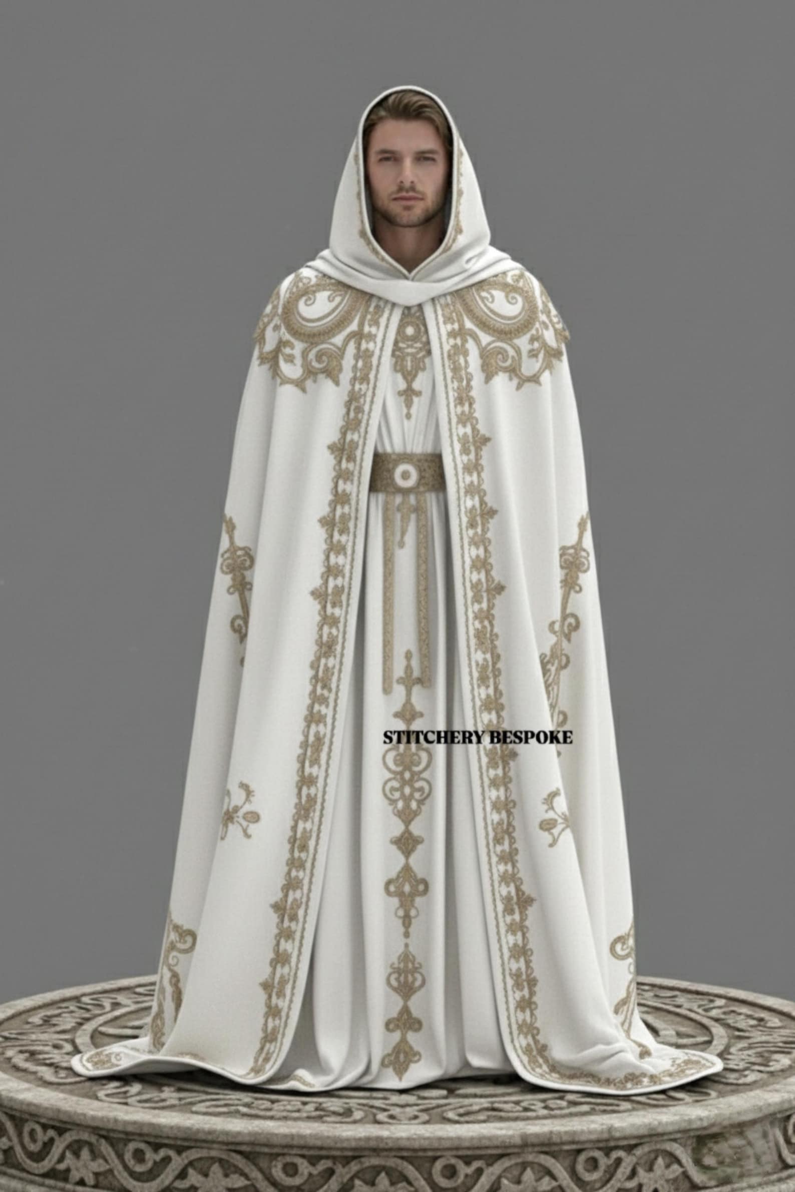 Regal White & Gold Hooded Cloak: Ornate Elven Priest Robe, Fantasy ...
