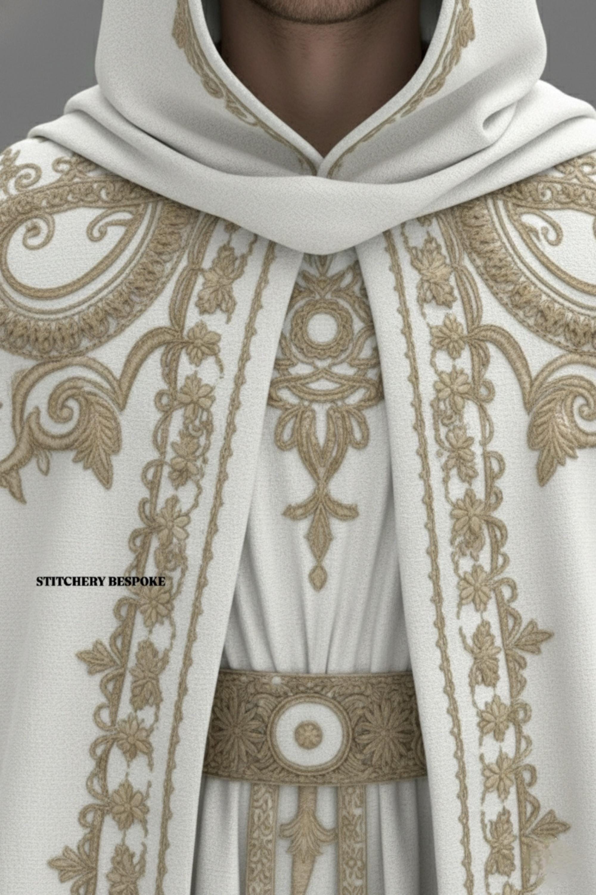 Regal White & Gold Hooded Cloak: Ornate Elven Priest Robe, Fantasy ...