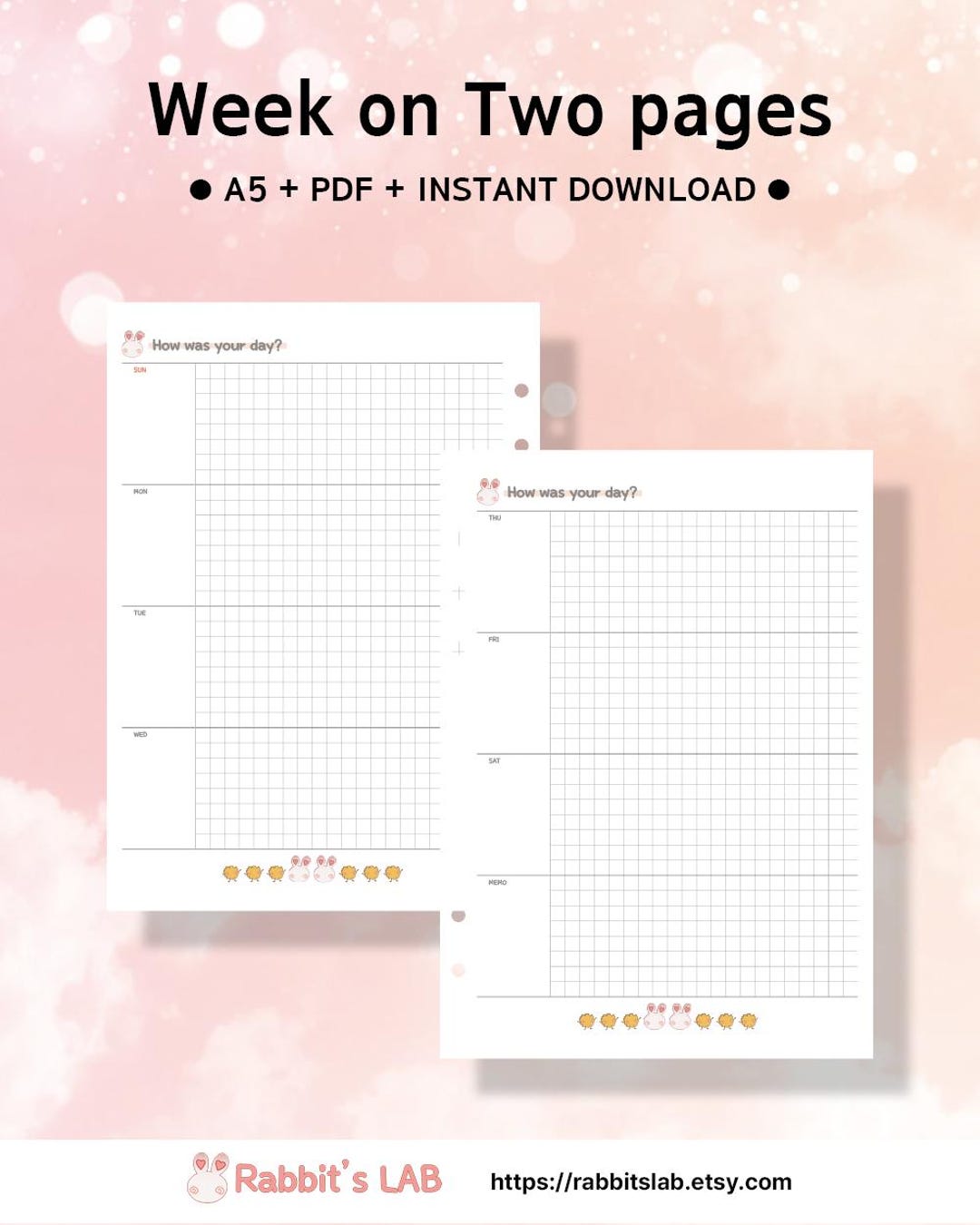 Cute Rabbit A5 Weekly Planner Printable Week on 2 Pages Insert Kawaii ...
