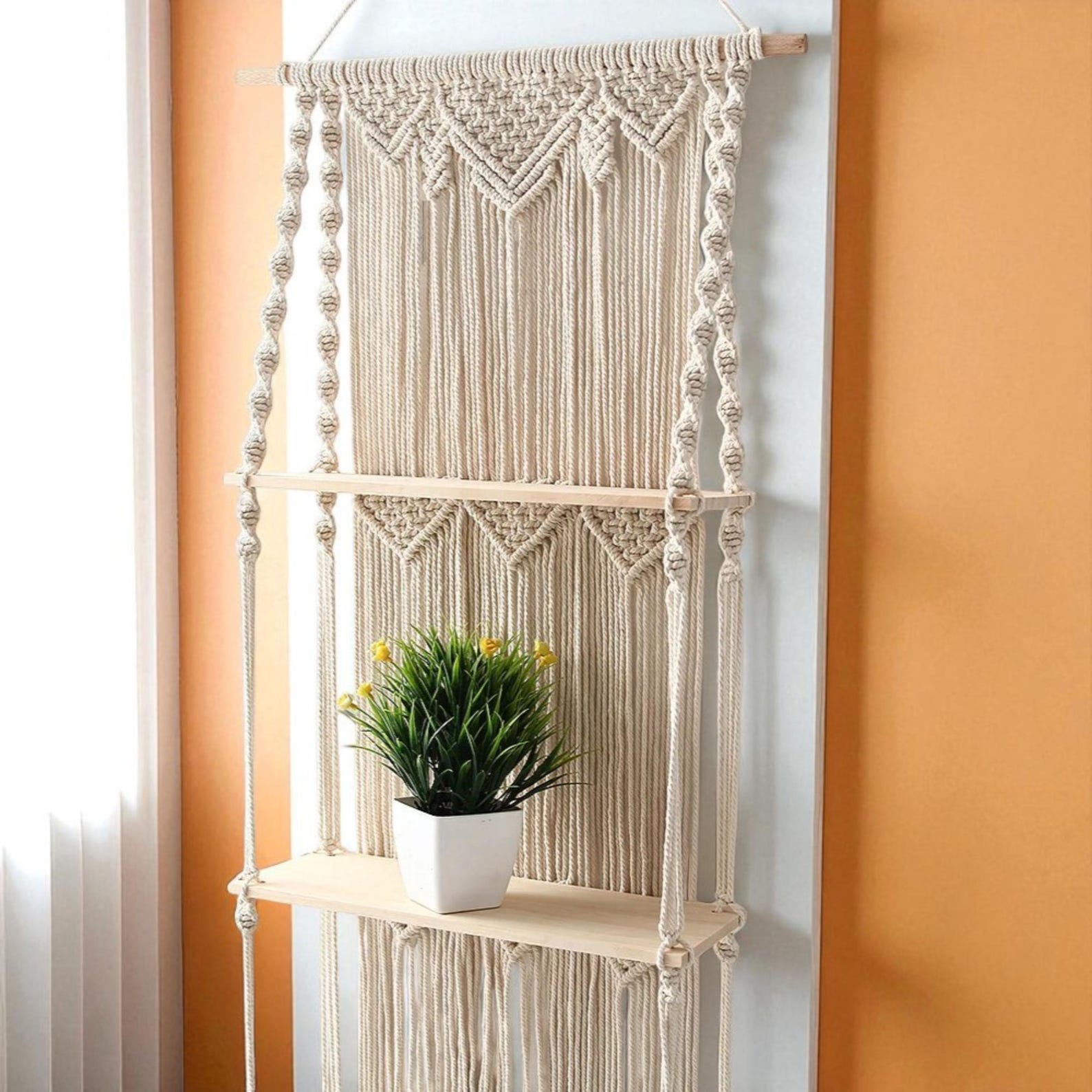 Macrame Wall Shelf: Boho Hanging Decor With Pine Wood - Etsy