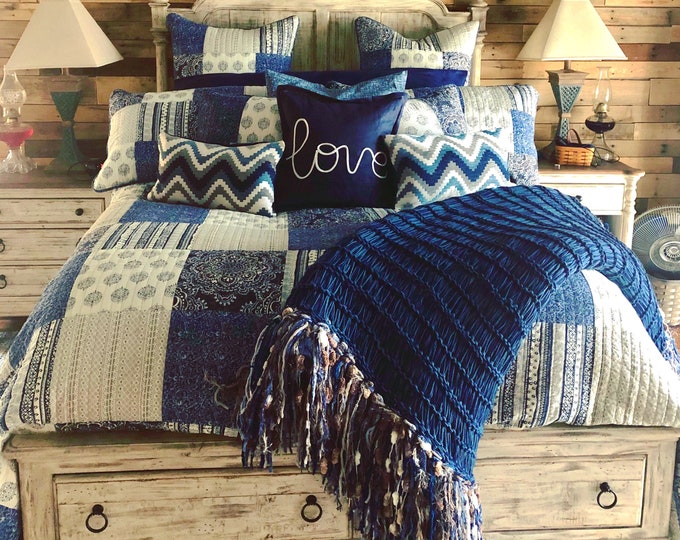Denim Throw Lap Blanket Blue Knit Afghan Throw for Sectional Sofa Throw ...