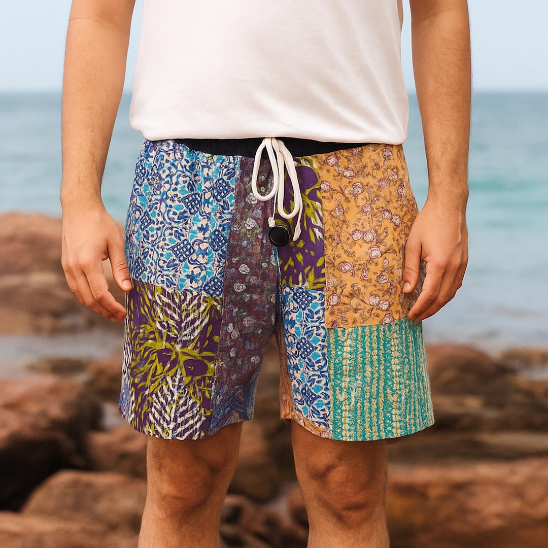 Bohemian Kantha Patchwork Shorts, Handmade Indian Cotton Hippie Shorts ...