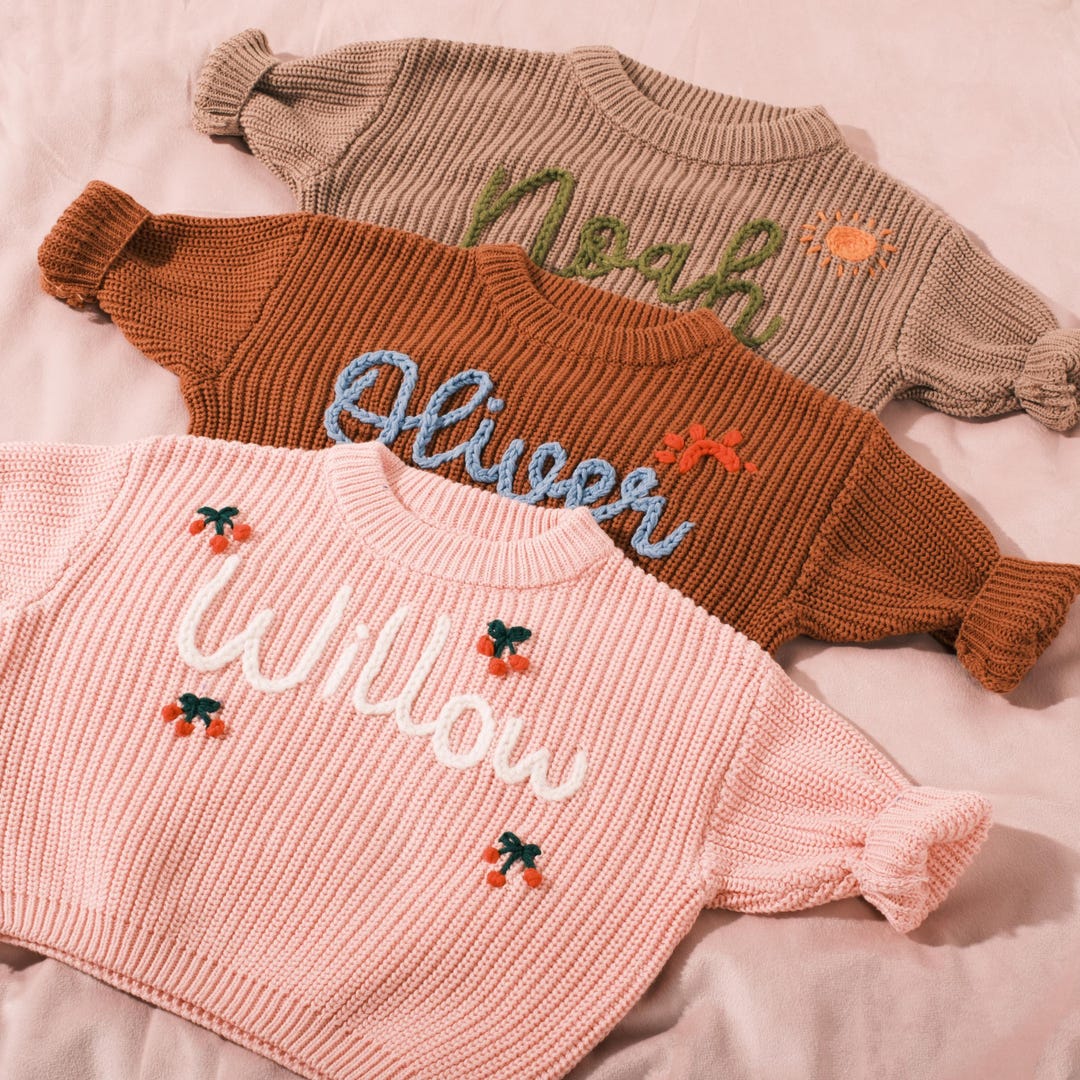 Embroidered Baby Name Sweater: Custom Cotton Knit Jumper - Etsy