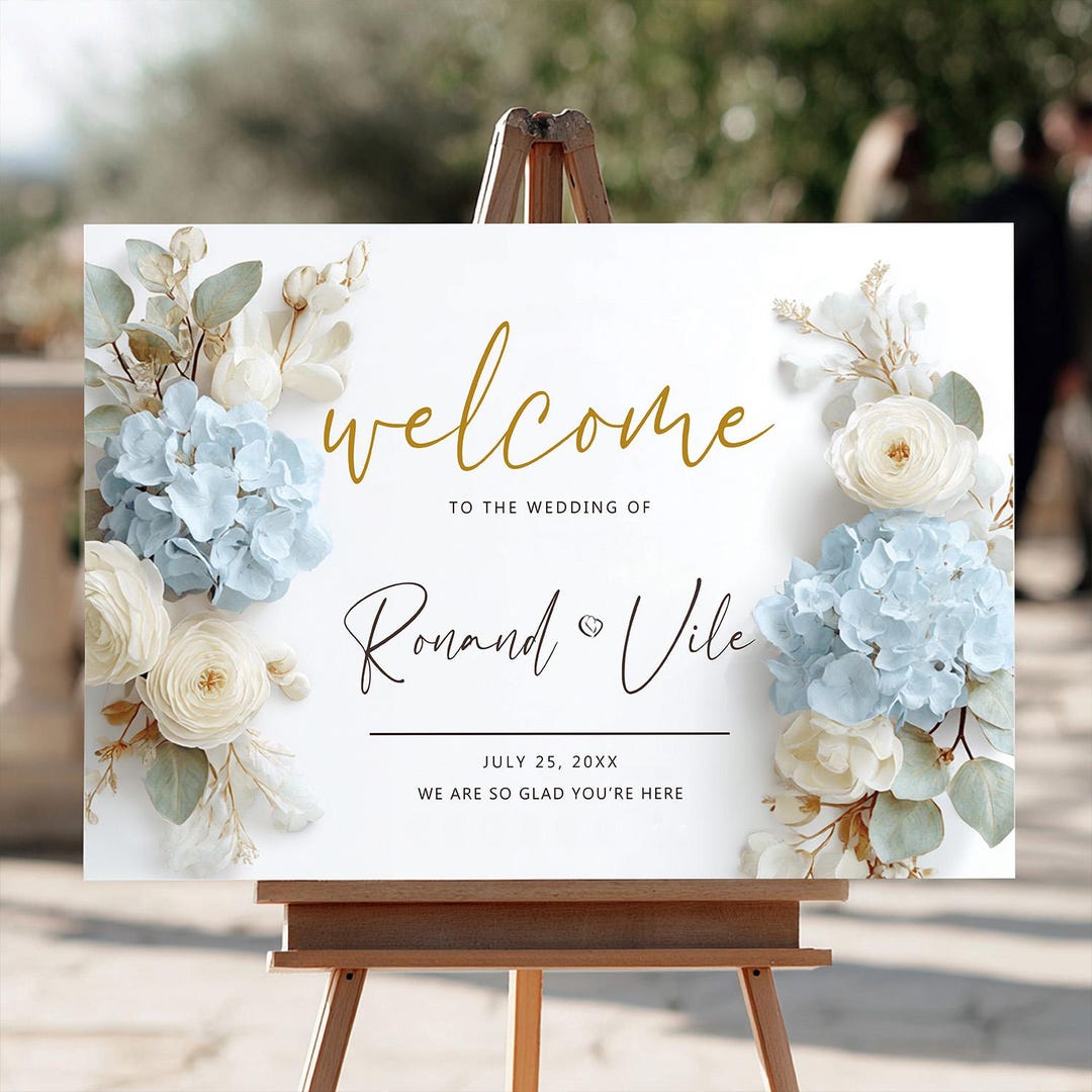 Blue Hydrangeas Welcome Sign, Blue Hydrangea Wedding Welcome Sign ...