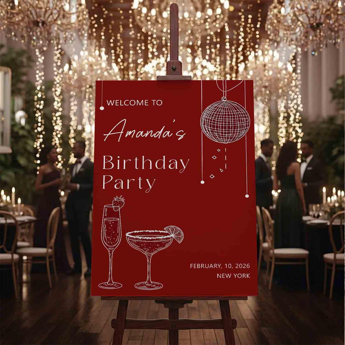 Birthday Welcome Sign, Red Cocktail Party Entrance Decor, Personalized ...