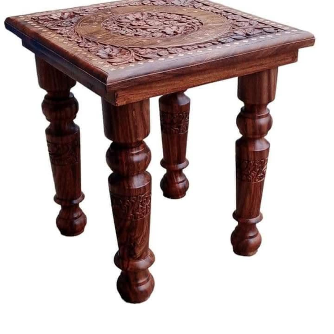 Handcarved Sheesham Wood Side Table: Floral Inlay, Indian Accent ...