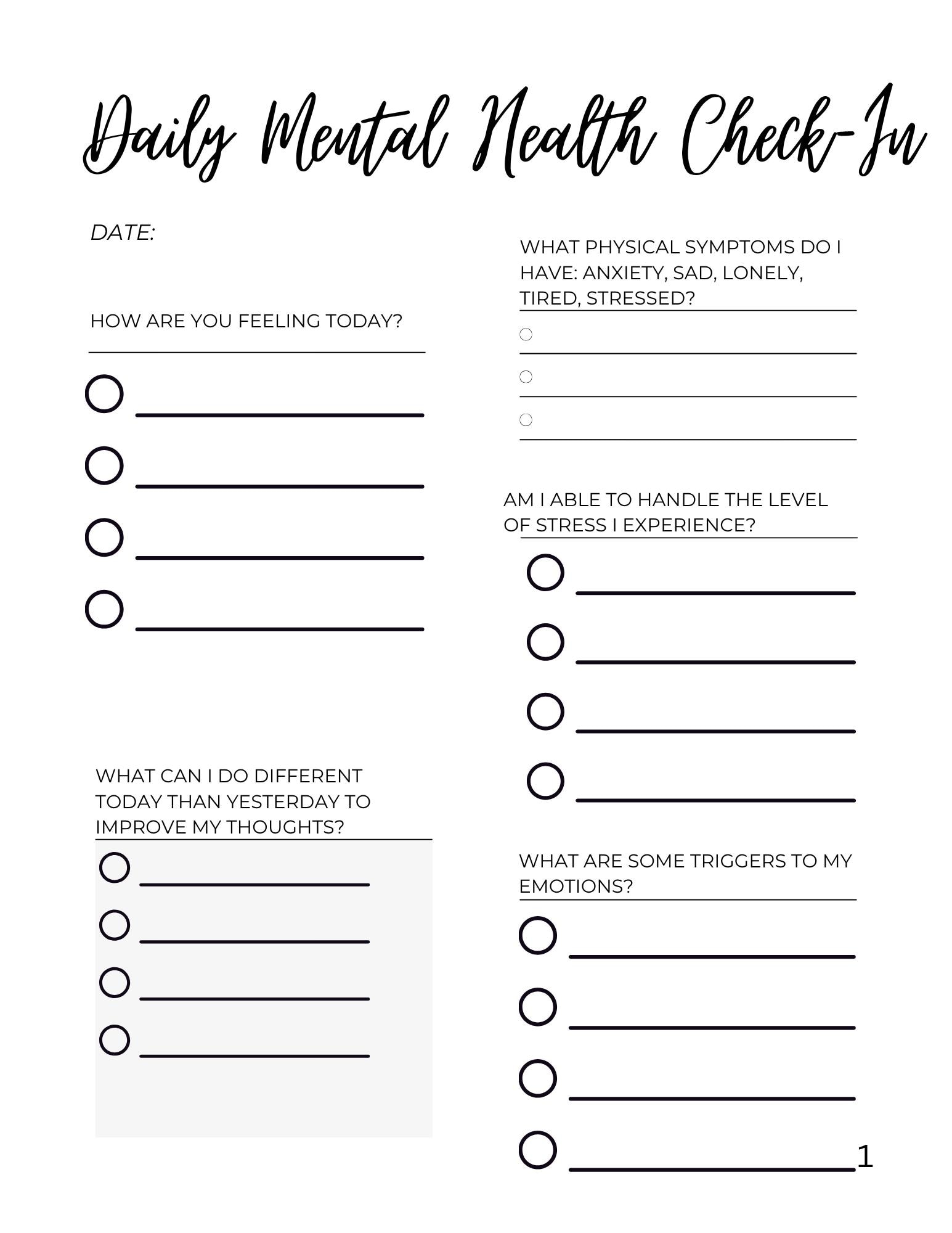 Daily Mental Health Check-in Template, Downloadable, Printable ...