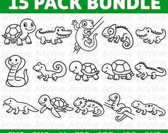 Reptiles SVG Bundle, Cartoon Line Art Clipart, Snake Cartoon Design ...