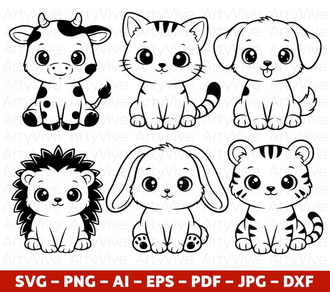 Cute Baby Animals SVG Bundle, Kawaii Animal Clipart, Baby Cow Cat Dog ...