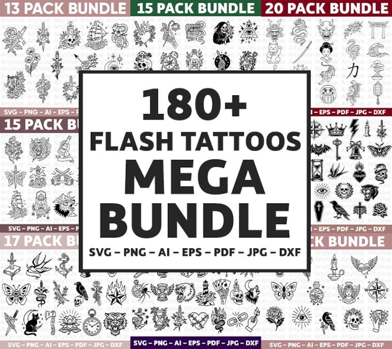 180+ Flash Tattoo SVG Mega Bundle, Blackwork Tattoos, Tattoo Designs ...