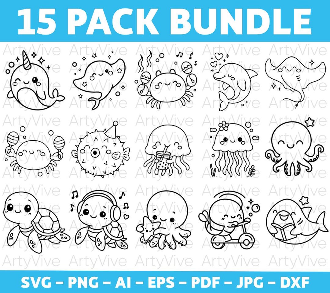 Cute Sea Animals SVG Bundle, Kawaii Ocean Clipart PNG, Line Art Marine ...