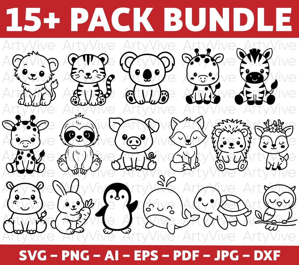 Baby Animal SVG Bundle, Cute Baby Zoo & Forest Animals Line Art, Cute ...