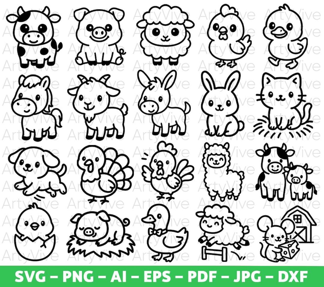 Cute Farm Animals SVG Bundle, 20 Kawaii Farm Animals Clipart, Cow Pig ...