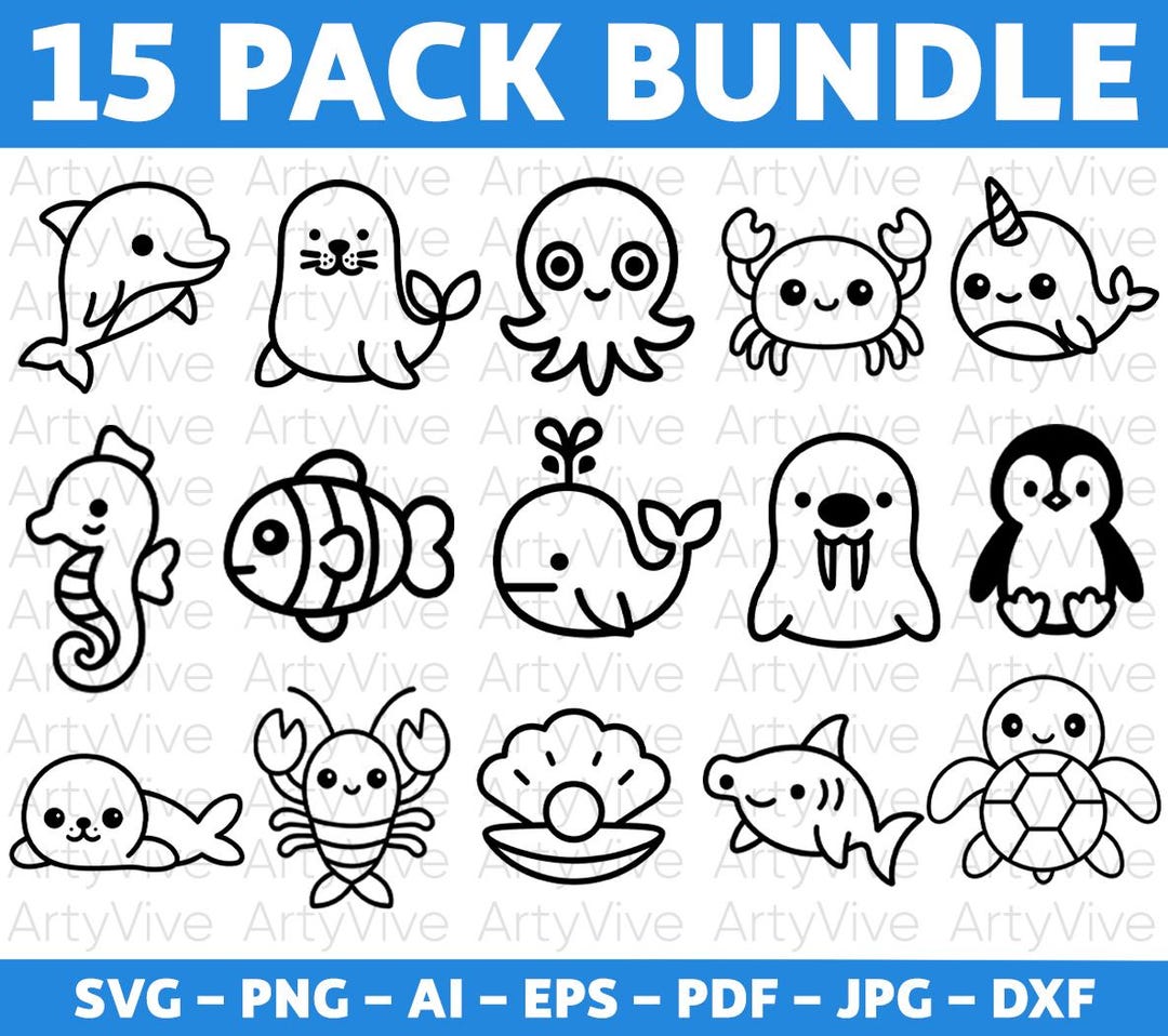 Cute Sea Animals SVG Bundle, Kawaii Ocean Clipart Designs, Line Art PNG ...