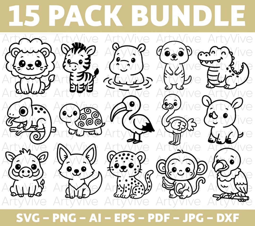 Cute Safari Animals SVG Bundle, Kawaii Jungle Animals Clipart, Baby ...
