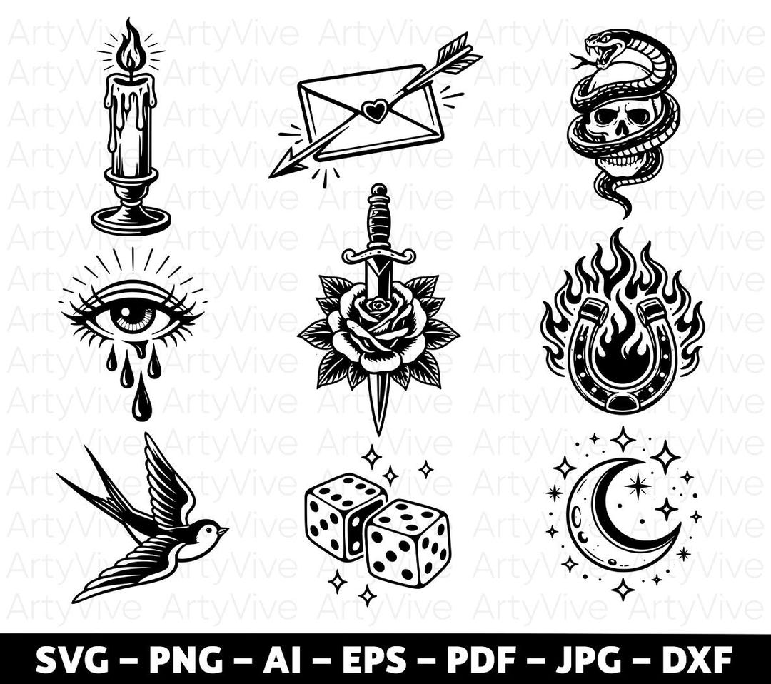 Traditional Tattoo Flash SVG Bundle, Procreate PNG Tattoos, 9 Old ...