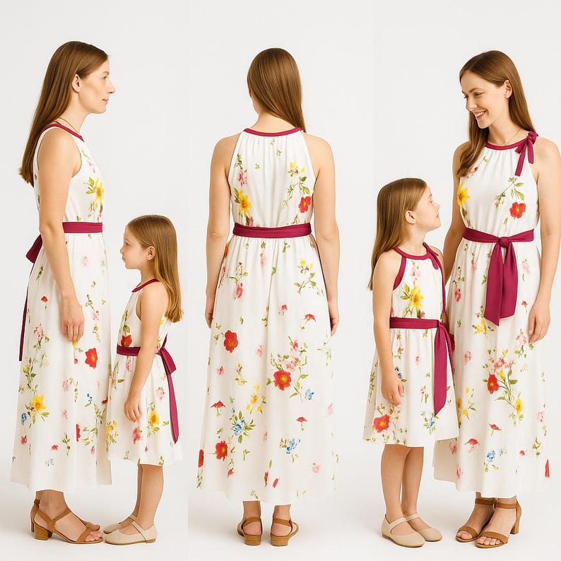 Floral Mother Daughter Chiffon Dress Set Lined Maxi & Knee-length ...
