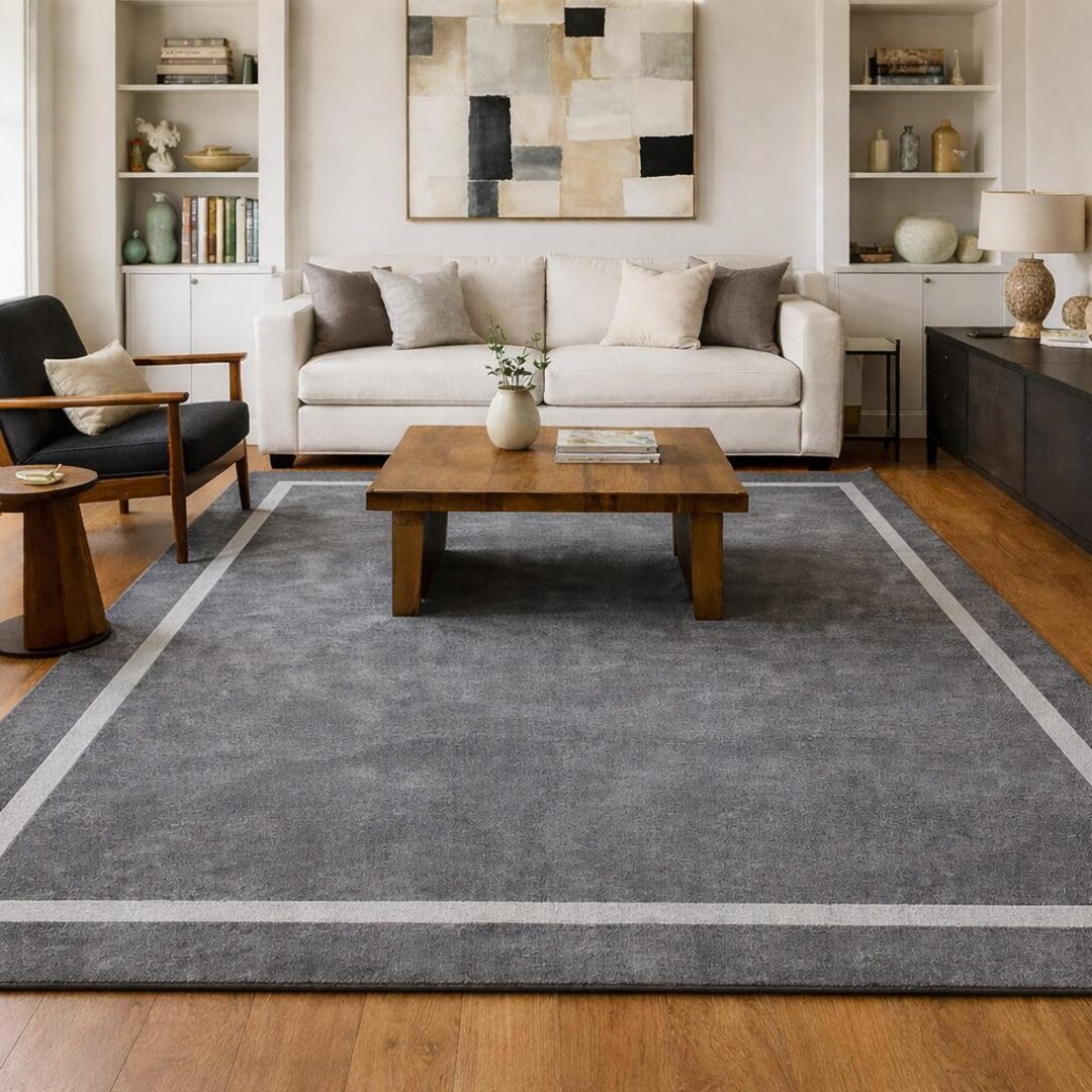 Hand Tufted Grey Border Wool Rug, Modern Minimal Area Rug for Living ...