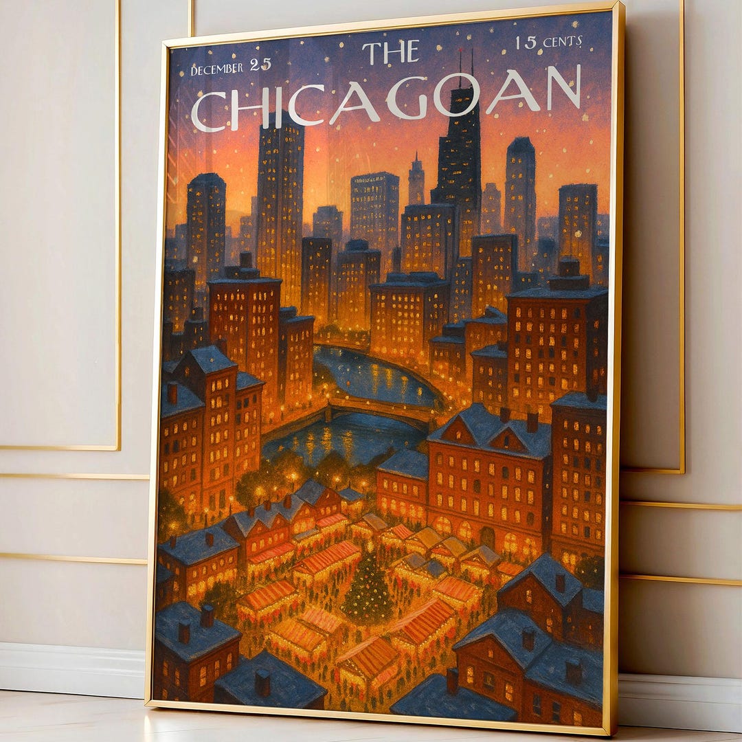 Vintage Christmas Chicagoan Magazine Cover Poster, Chicago Skyline Art ...