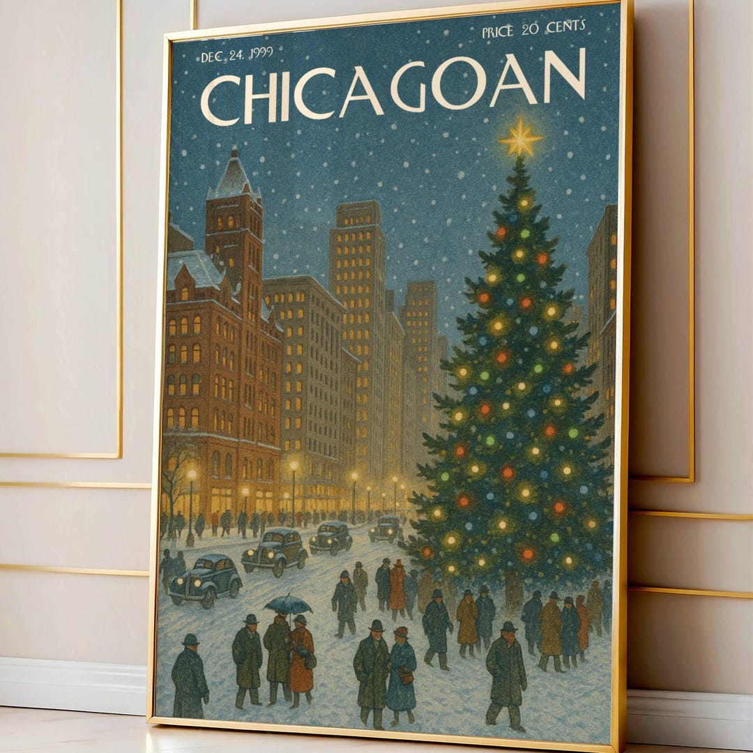 Vintage Chicagoan Christmas Scene Poster, Xmas Chicago Skyline Art ...