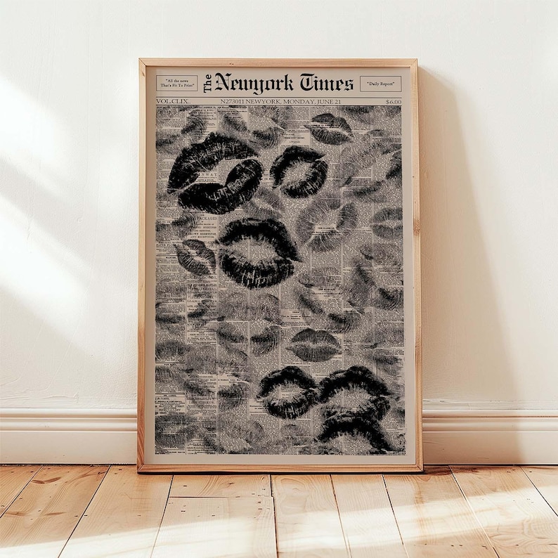 Vintage Lips Signature Newspaper Poster, Vintage Newspaper Print, Funky ...
