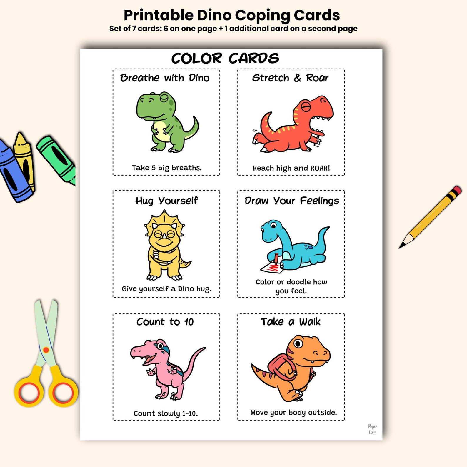 Dino Emotion Cards – Printable Emotional Support Tool for Kids (7 ...