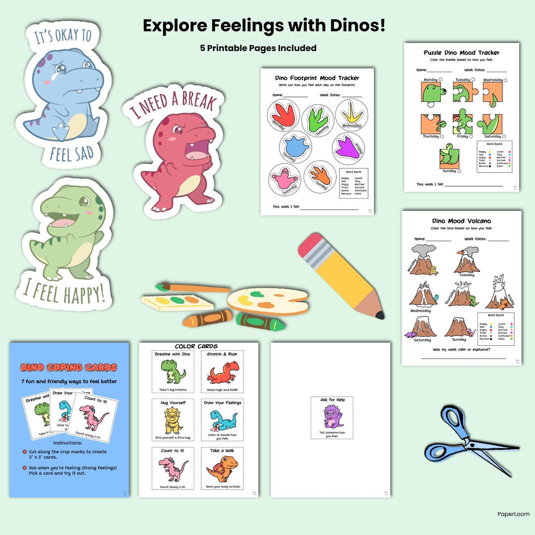 Dino Emotions Printable – Mood Trackers, Coping Cards & Stickers for ...