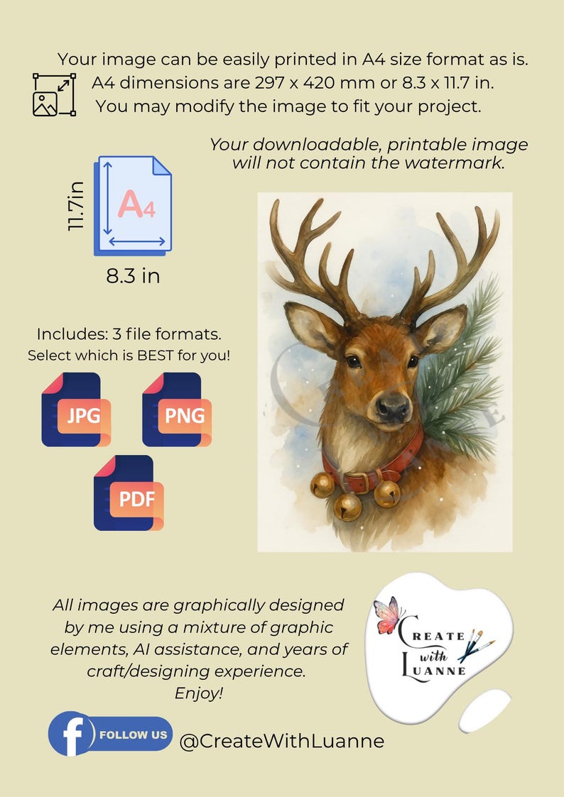 Jingle Bells Deer Portrait, A4 Single Resizable Printable, Decoupage ...