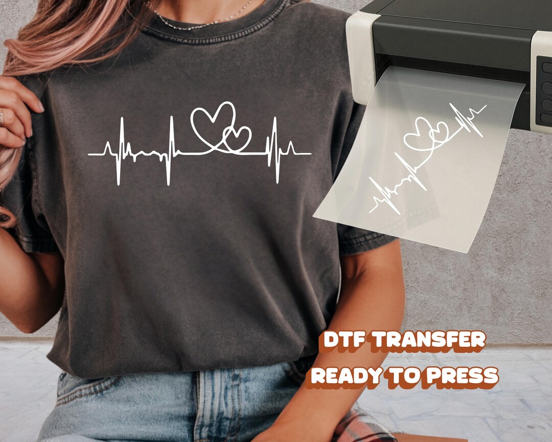 Heartbeat Heart DTF Transfer Matching Couple Love Line Art Design Ready ...