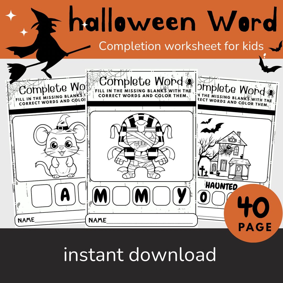 Halloween Word Completion Worksheets for Kids – 40 Pages Printable ...