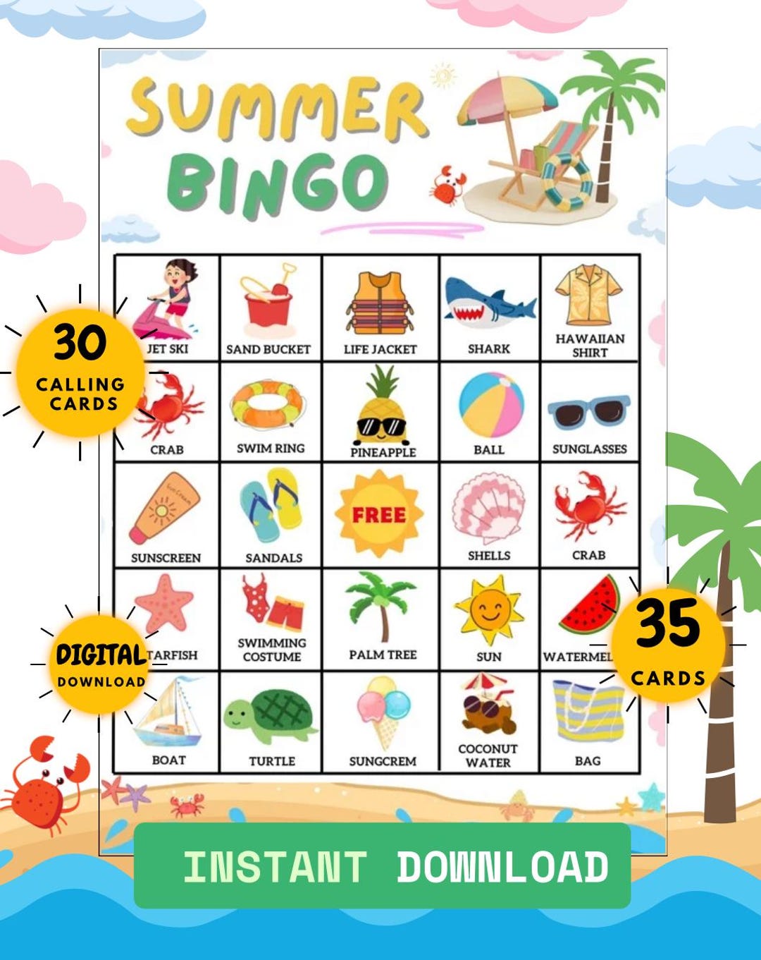 Summer Bingo ,35 Summer Bingo Cards, Summer Game, Kid's Printable Bingo ...