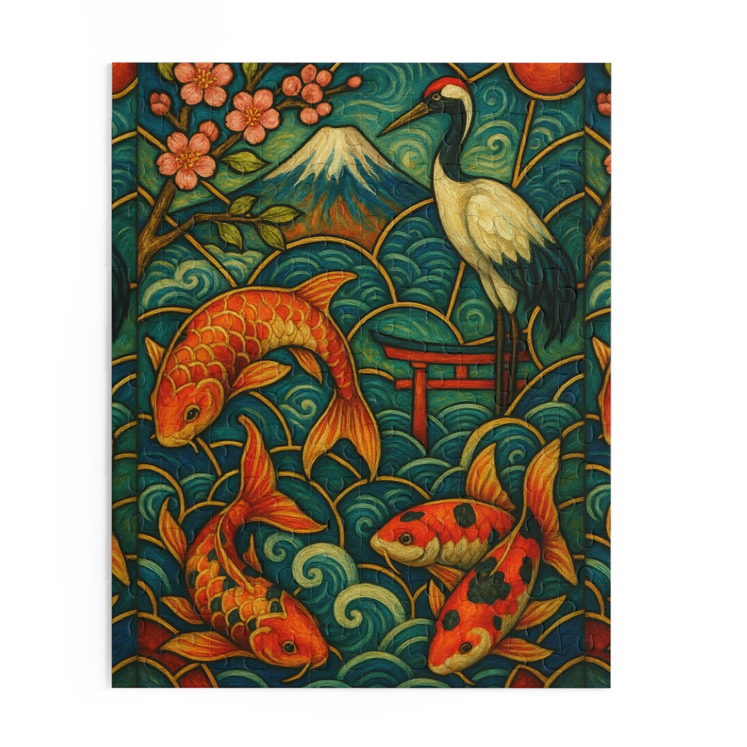 Japanese Koi Fish Puzzle | Mt. Fuji, Crane & Cherry Blossom Stained ...
