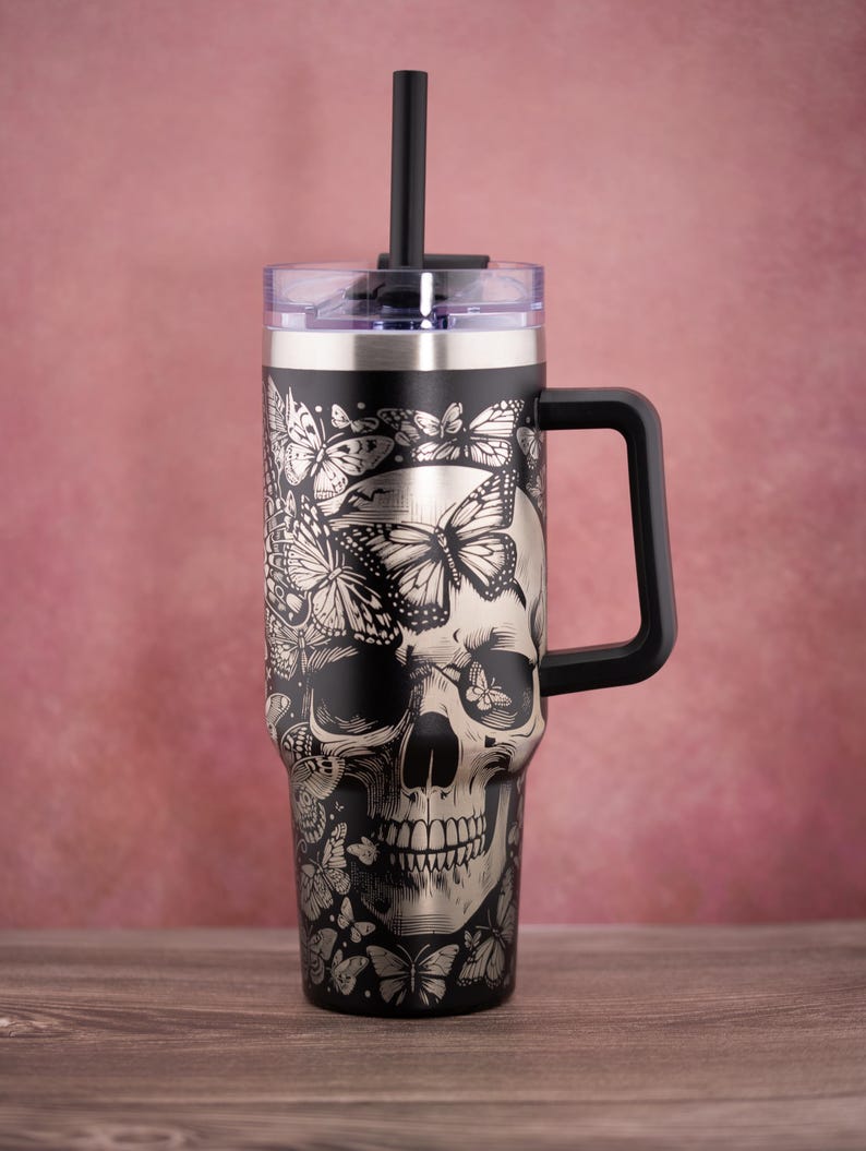 Skulls and Butterflies Tumbler: 40oz Double Wall - Straw Lid, Handle - Etsy