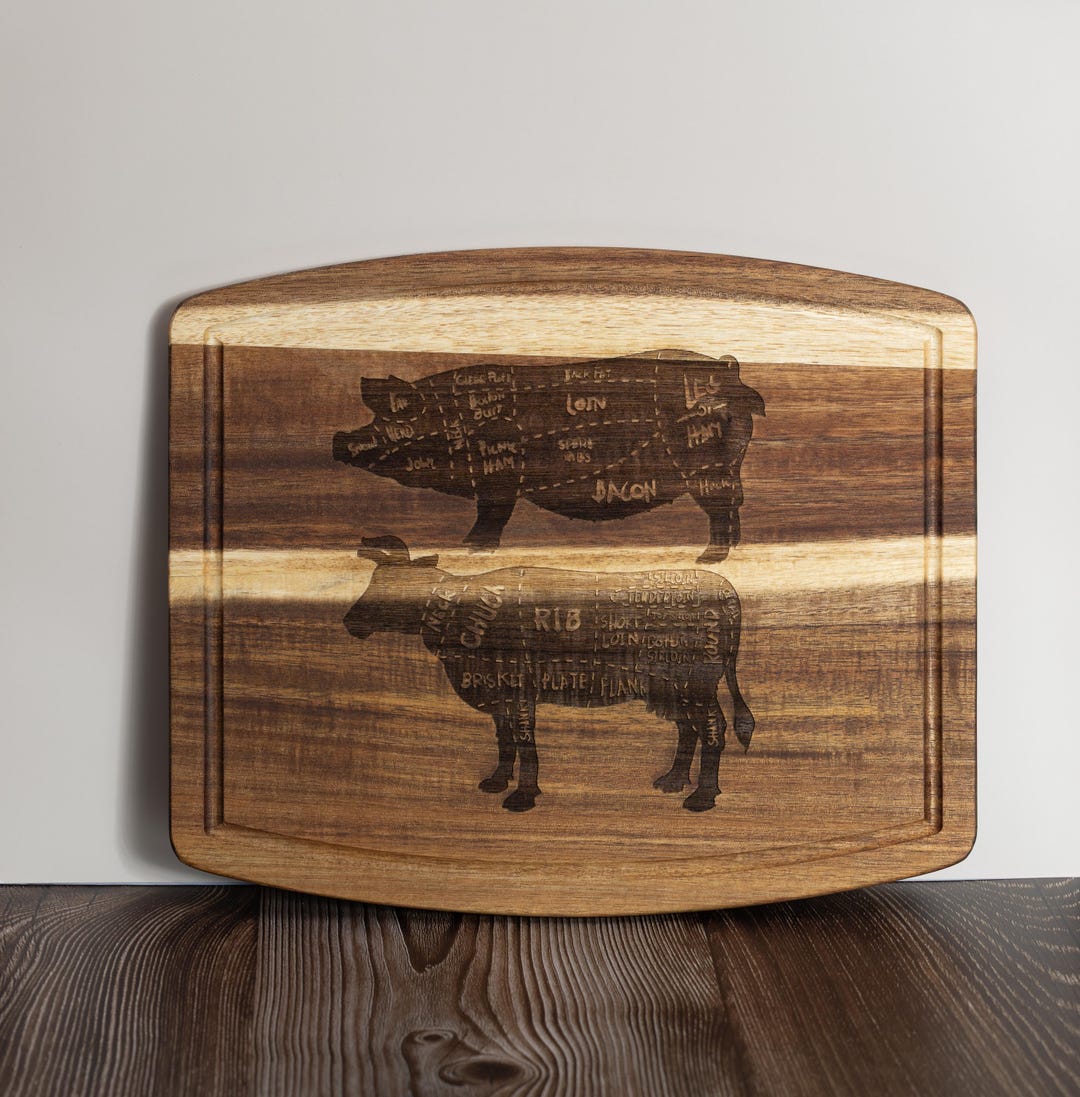 Acacia 10"x12" Wood Butcher Diagram Cutting Board: Laser Engraved Pig ...