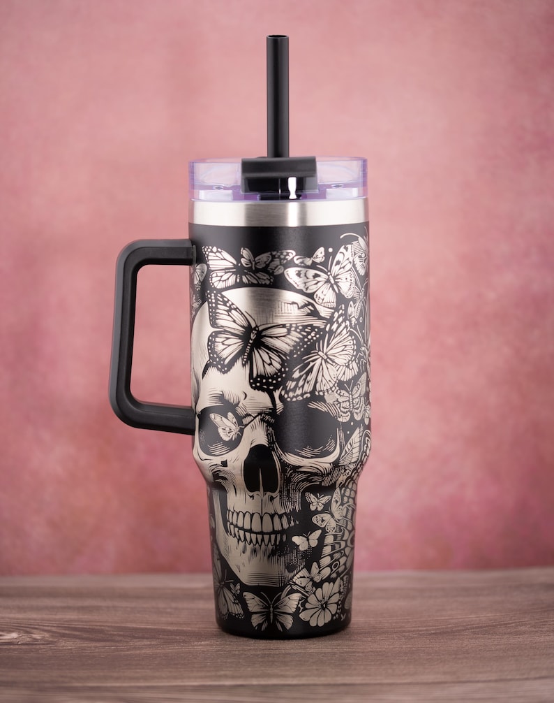 Skulls and Butterflies Tumbler: 40oz Double Wall - Straw Lid, Handle - Etsy
