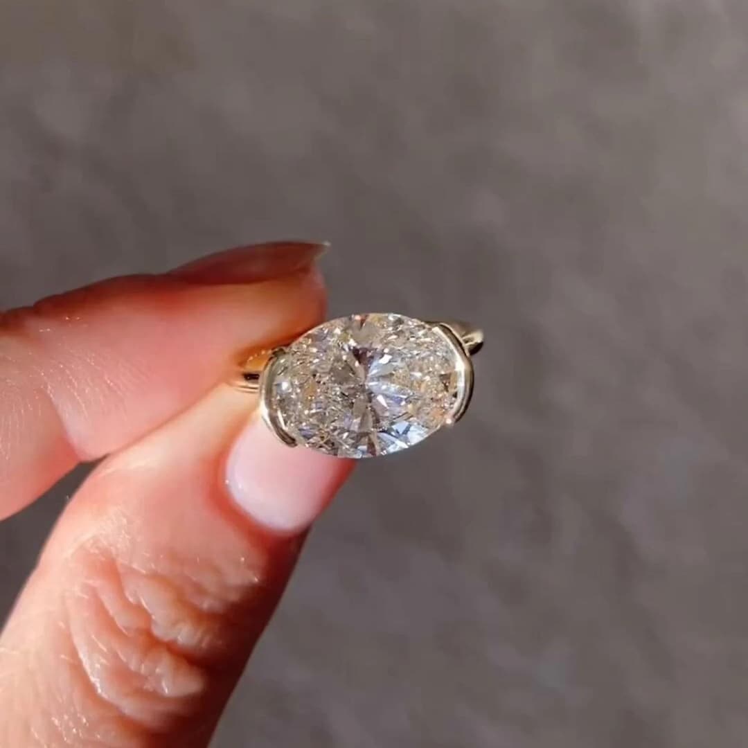 Half Bezel Set Oval Cut Engagement Ring Yellow Gold 3CT Modern ...
