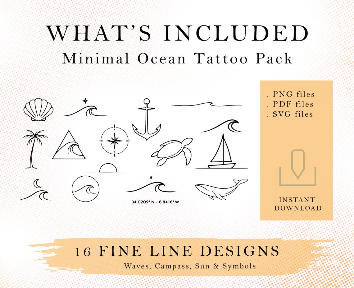 Minimalist Ocean Tattoo Designs | Fine Line Sea Art (digital Download ...