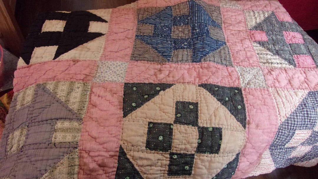 Vintage Churn Dash Cutter Quilt Piece Colorful Grungy Distressed ...