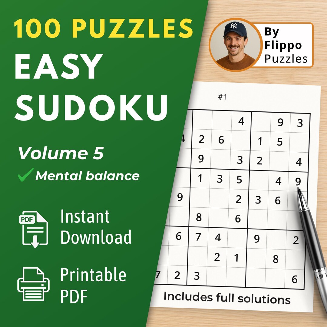 Easy Sudoku Printable PDF Ink-friendly Book Vol. 5: 100 Puzzles for ...
