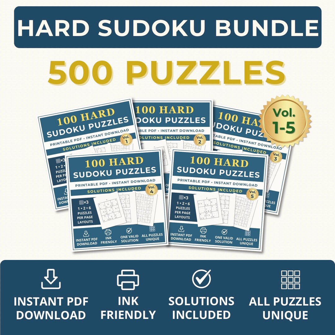 Hard Sudoku Puzzle Bundle: 500 Printable Puzzles (PDF Download) - Etsy