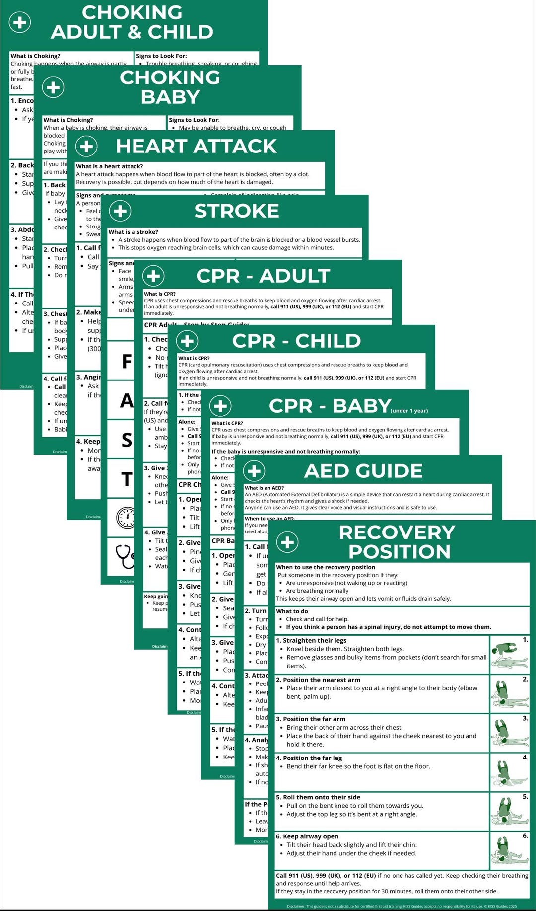 First Aid Guide Printable Pack CPR Choking Stroke Heart Attack AED ...