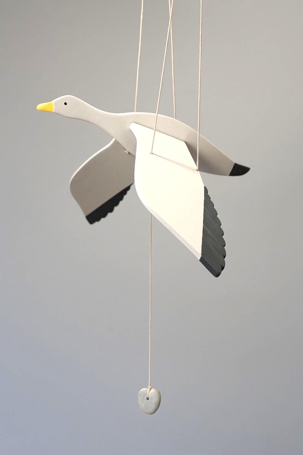 White Goose Wooden Mobile – Baltic Flying Bird Decor | Handmade Kinetic ...